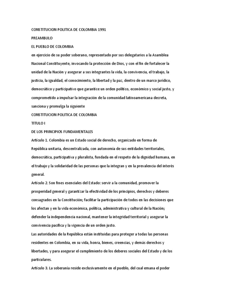 Constitucion Politica De Colombia 1991 Pdf Derecho Laboral Debido