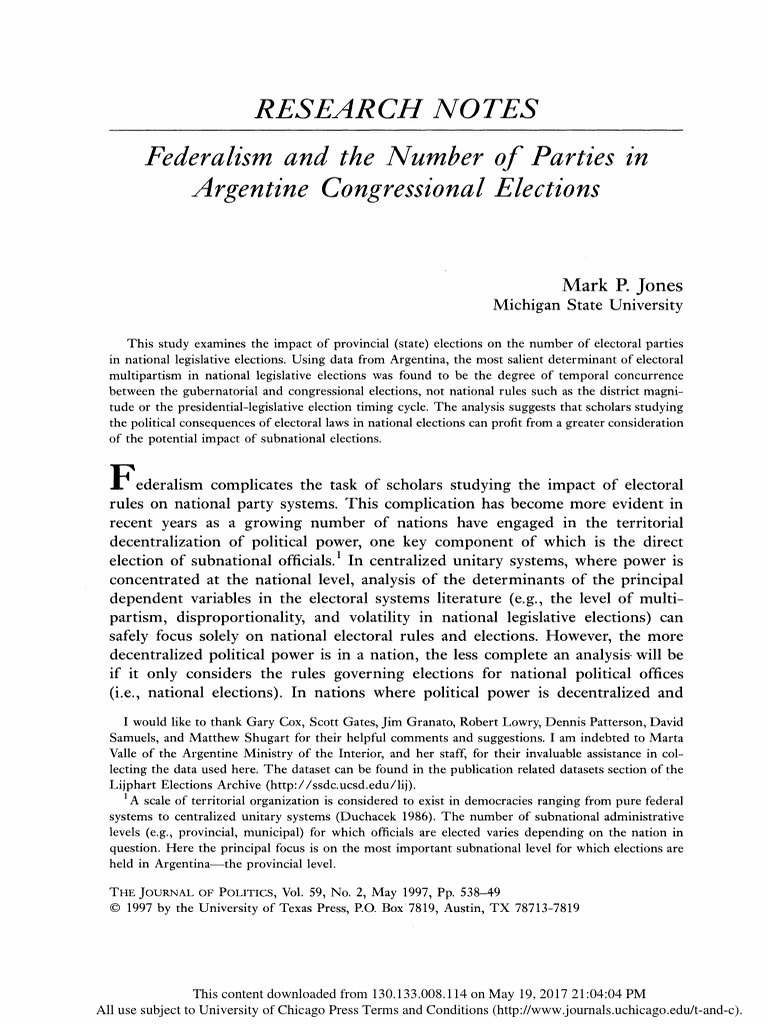 Mark P Jones Federalism Argentina | PDF | Elections | Political Science