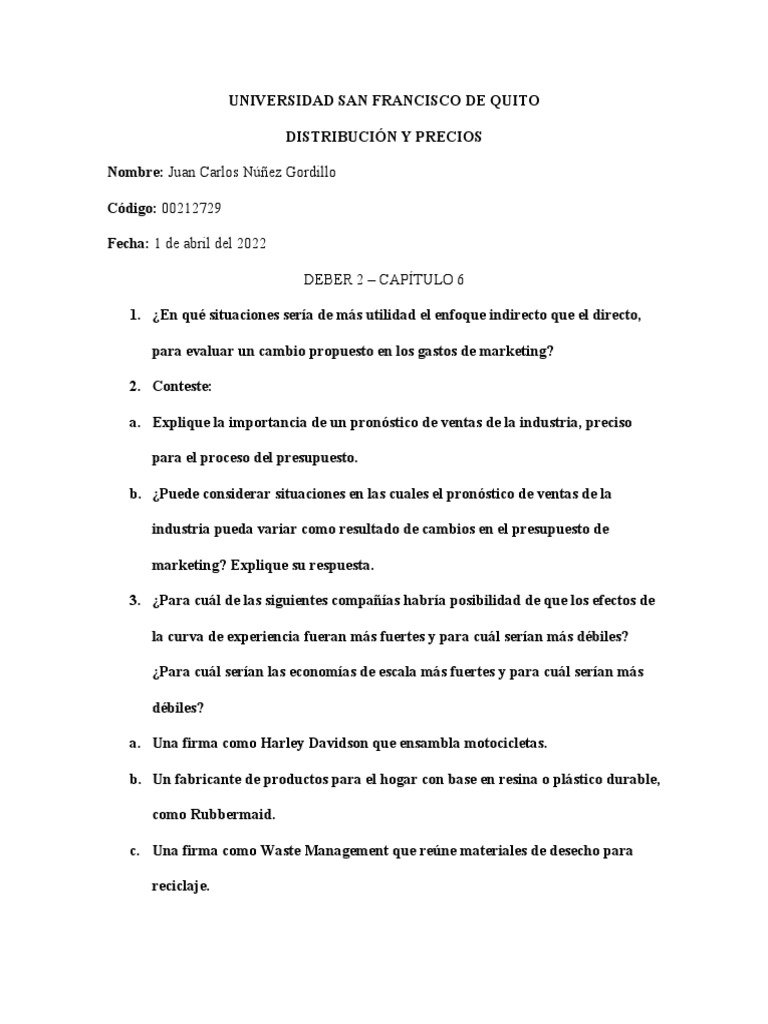 Deber 2 - Capítulo 6 | PDF | Presupuesto | Marketing