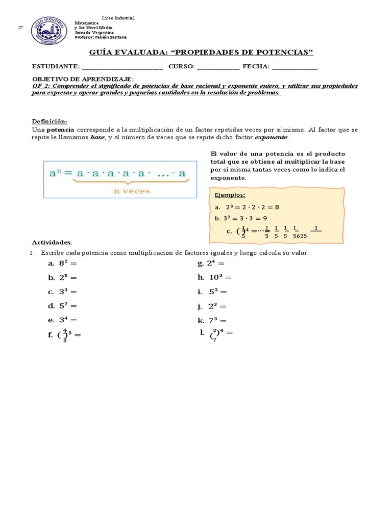 Guia Potencias. | PDF | Multiplicación | Exponenciación