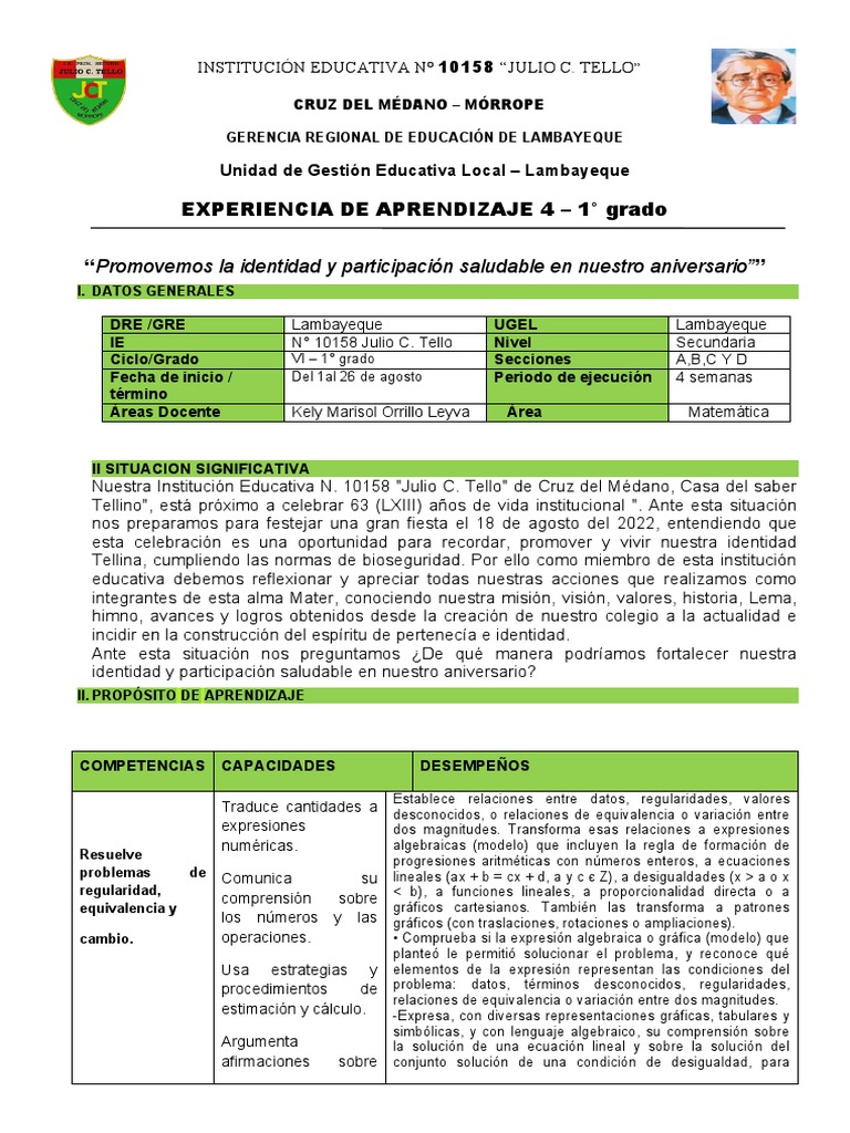 EXPERIENCIA DE APRENDIZAJE 4– 1°MATEMATICA | PDF | Ecuaciones | Probabilidad