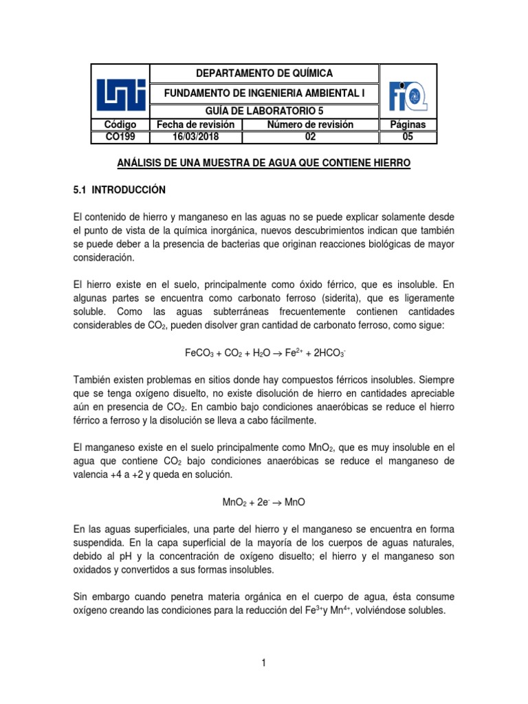 Guia de Laboratorio 5, Análisis de Una Muestra Que Contiene Hierro | PDF | Agua | Hierro