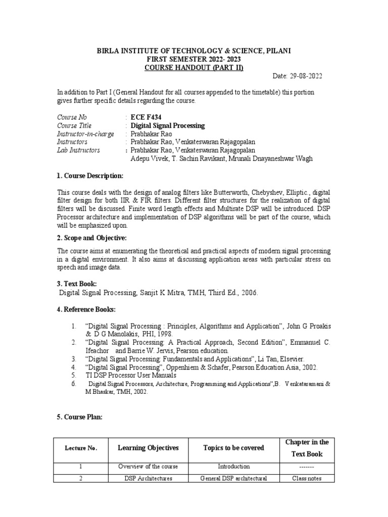 ECE (EEE) F434 - DSP - Handout - 2022 | PDF | Digital Signal Processing ...
