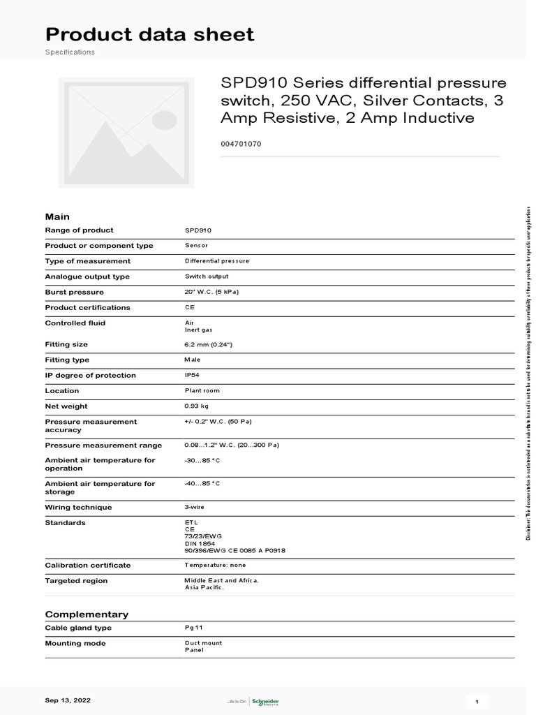 Specification Sheet for the SPD910 Series Differential Pressure Switch ...