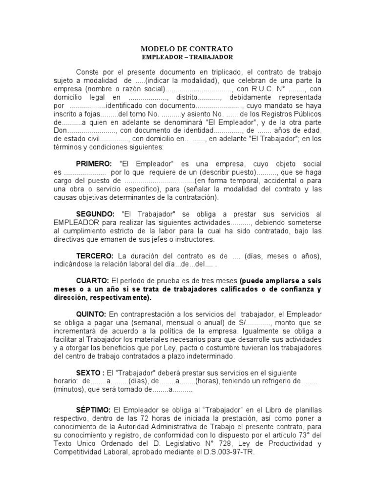 Modelo de Contrato de Trabajo | PDF | Derecho laboral | Información del ...