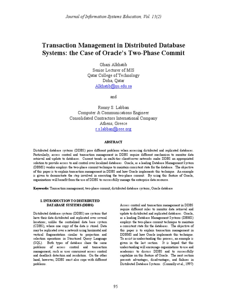 Transaction Management In Distributed Database Systems The Case Oracle Pdf Database