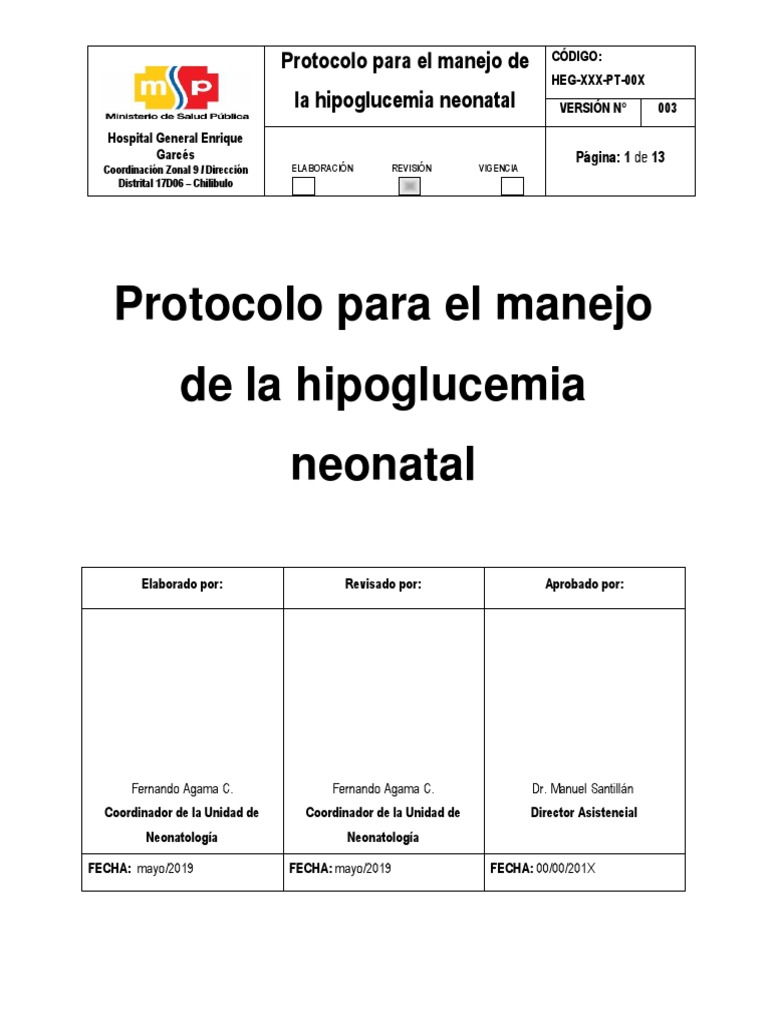 Manejo de la hipoglucemia neonatal: Protocolo para el diagnóstico y ...