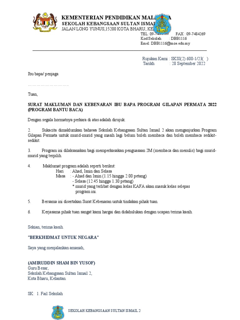 Surat Makluman Dan Kebenarab Ibu Bapa Program Permata | PDF