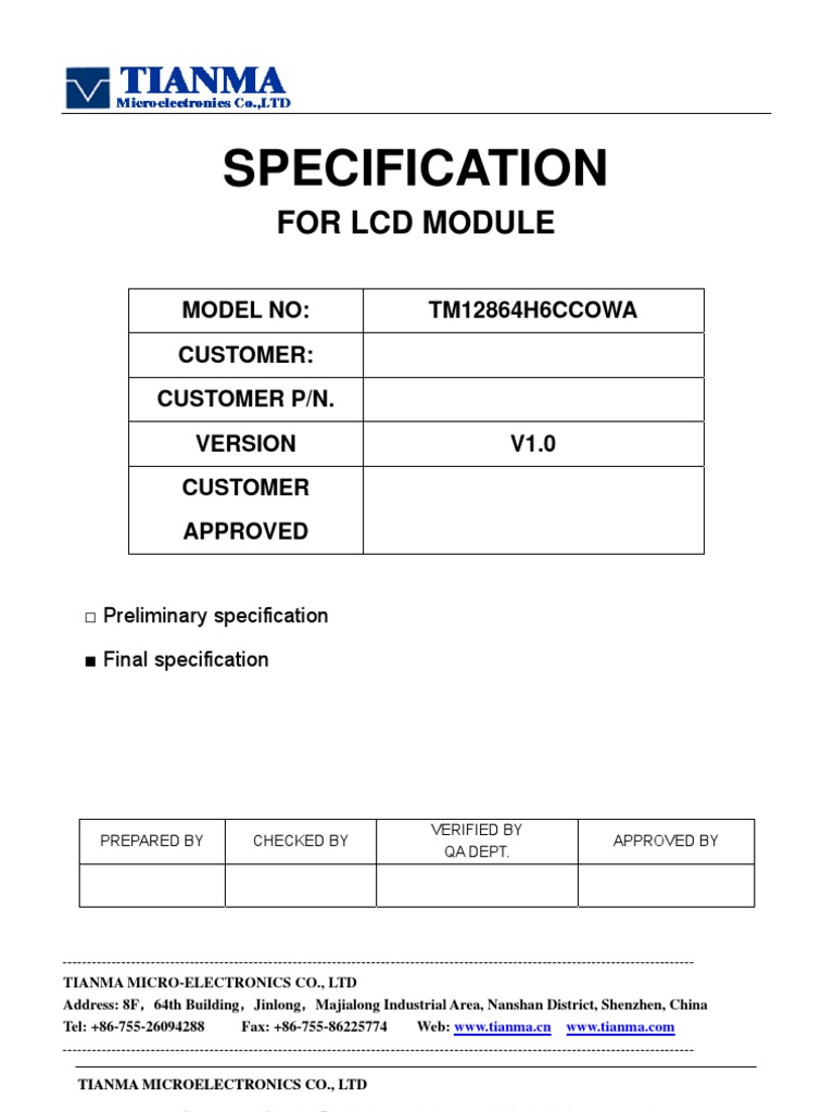 TM12864H6CCOWA LCD Module Datasheet | PDF | Liquid Crystal Display ...