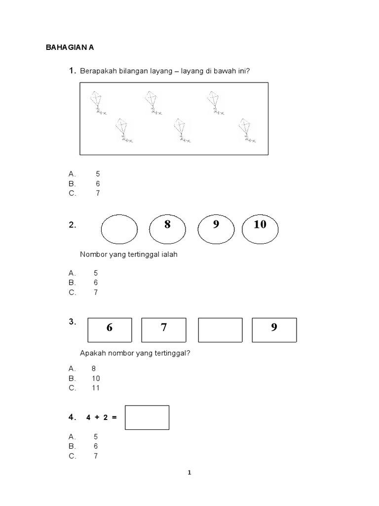 MATEMATIK TAHUN 1 KERTAS 1 - BAHAGIAN A Copy | PDF