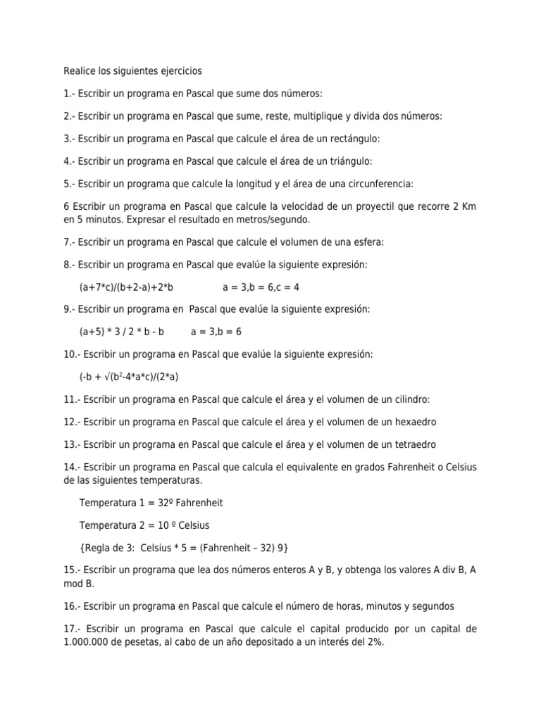 Ejercicios de Programación en Pascal | PDF | Velocidad | Prueba (evaluación)