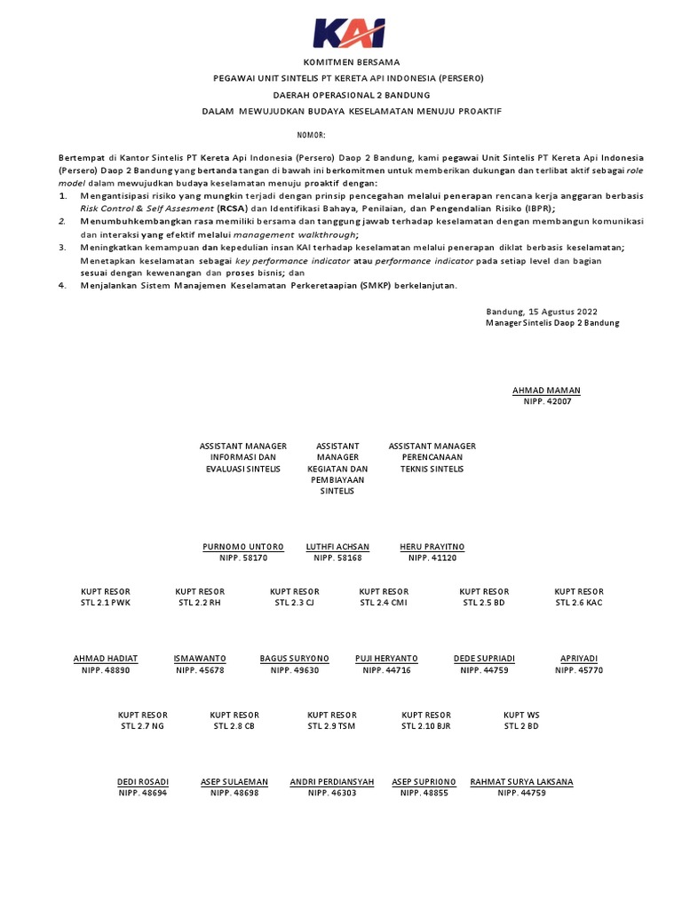 Komitmen Keselamatan Sintelis KAI | PDF | Teknologi & Rekayasa