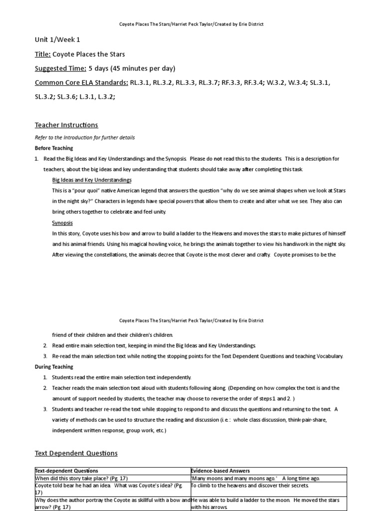 Coyote Places the Stars: Lesson Plan | PDF | Word | Cognitive Science