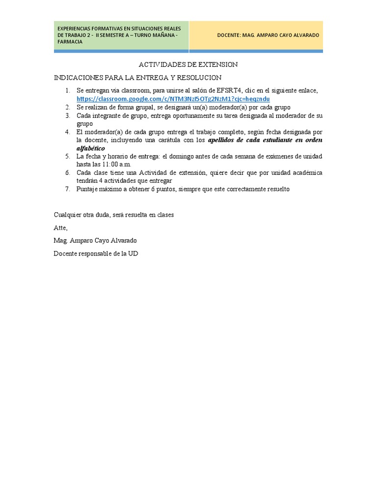Actividades de Extension Indicaciones para Su Resolucion y Ent Rega ...