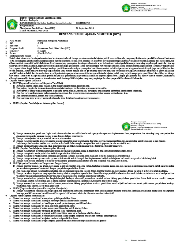 RPS MK Politik Dan Kebijakan Pendidikan V Ganjil 2020-2021 | PDF