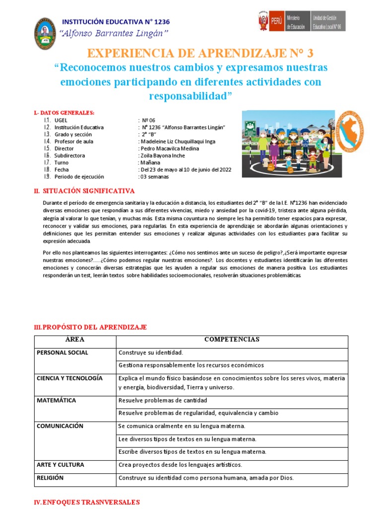 Experiencia de Aprendizaje #03 | Descargar gratis PDF | Las emociones | Evaluación