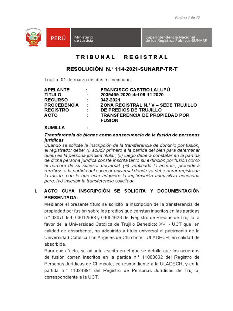 114-2021-Sunarp-Tr-T-1-Fusion Uct - Uladech | PDF | Sentencia (ley) | Bienes (Ley)