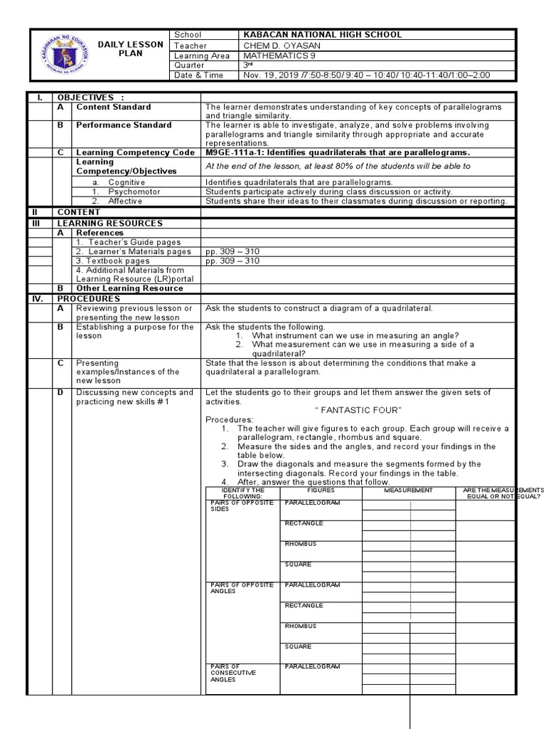 MATH DLP FORM GRADE 9 (November 19) | PDF | Rectangle | Cognitive Science