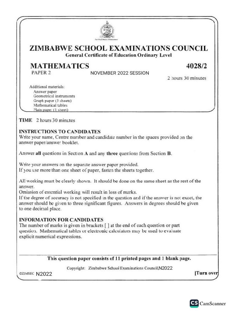 Zimsec November 2022 Mathematics Paper 2 Leaked | PDF