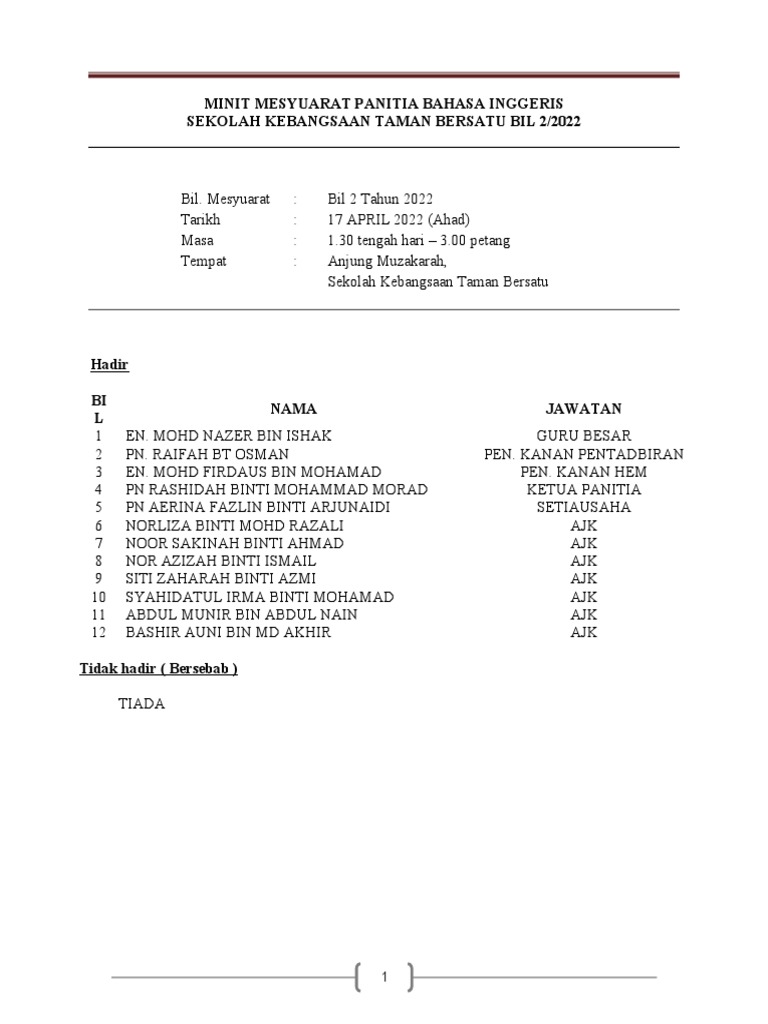 MINIT MESYUARAT PANITIA BI BIL 2 2022 (1) Edit | PDF