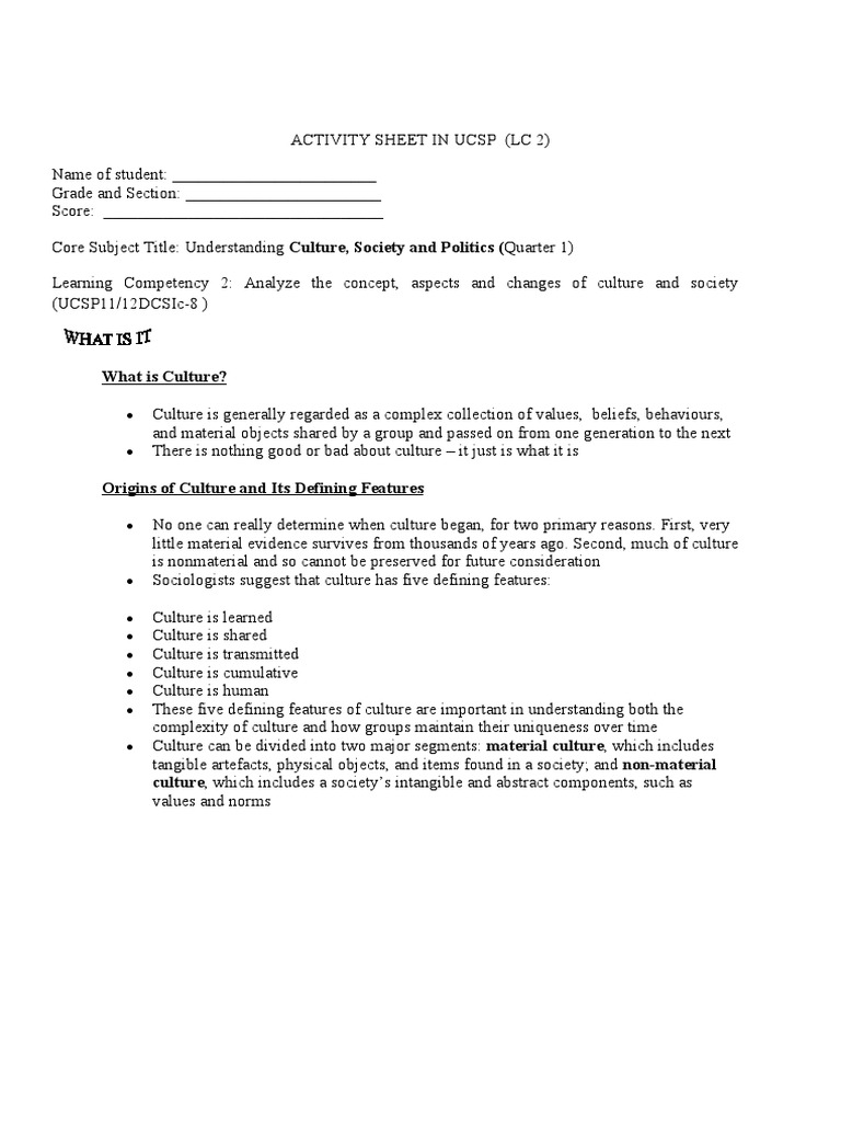 Activity Sheet in Ucsp LC 2 | PDF | Behavioural Sciences | Cognition