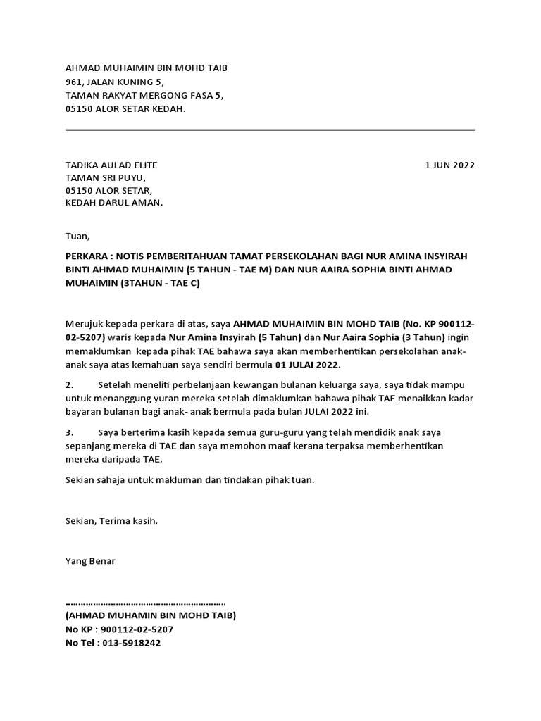 Notis Berhenti Sekolah | PDF