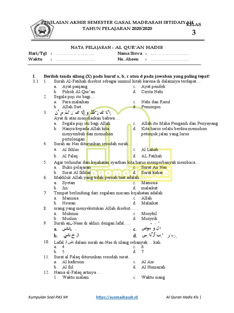 Soal PAS Al Quran Hadis Kelas 3 | PDF