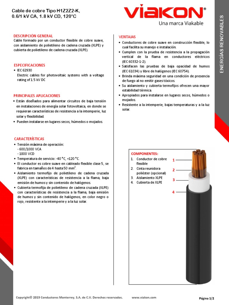 Cable de Cobre Fotovoltaico Viakon Norma IEC 62930 1.8kV CD Tipo H1Z2Z2-K XLPE | PDF | Cobre ...