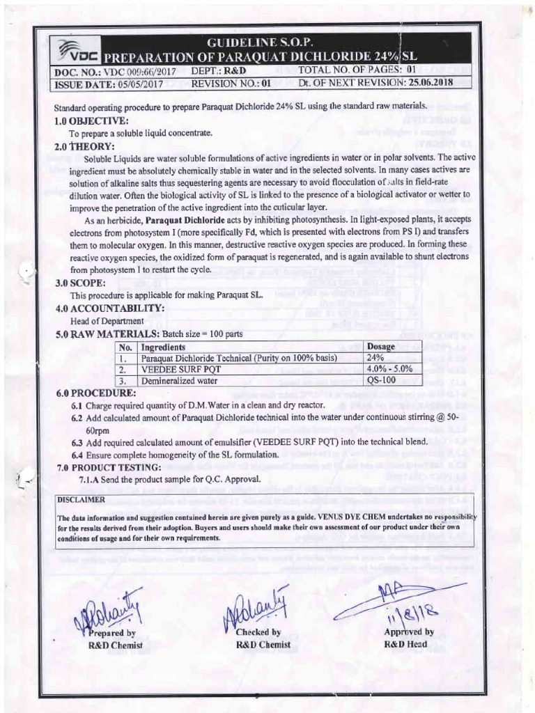 Preparing Paraquat Dichloride 24% SL | PDF | Water | Solubility