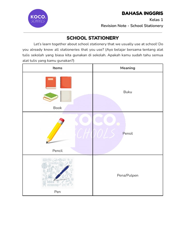 Revision Note Bahasa Inggris Kelas 1 School Stationery | PDF