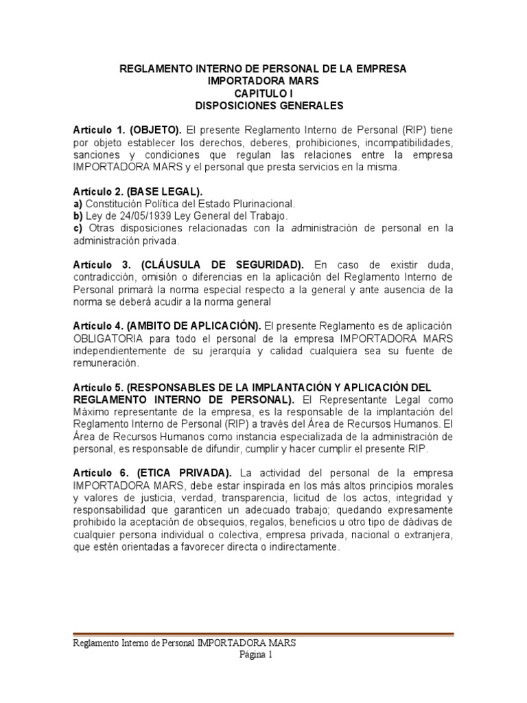 Reglamento Interno de Personal | PDF | Salario | Business