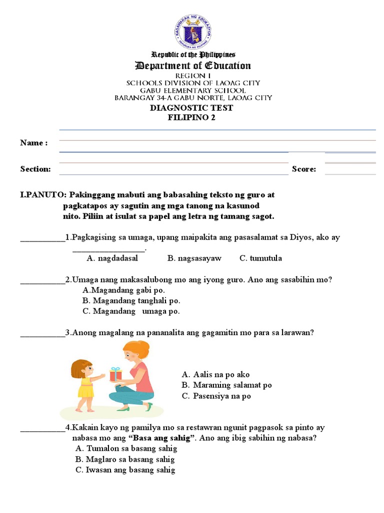 Diagnostic Test in Filipino 1 | PDF