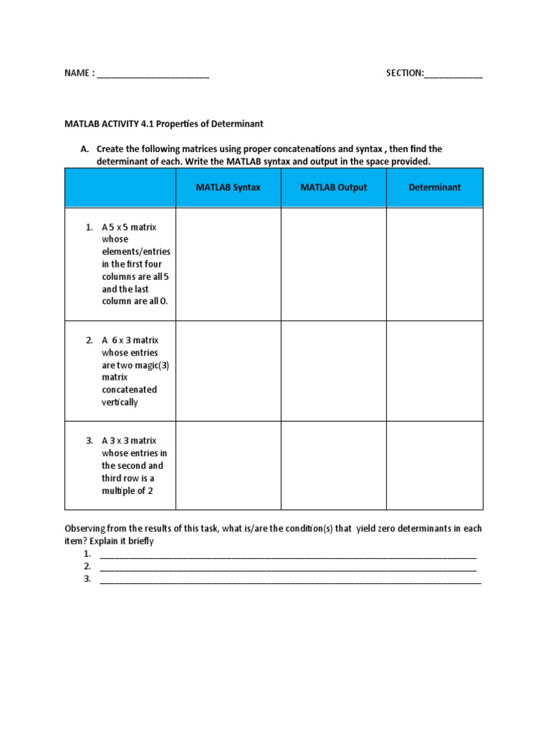 MATLAB 4.1 Properties of Determinant | PDF | Teaching Methods & Materials