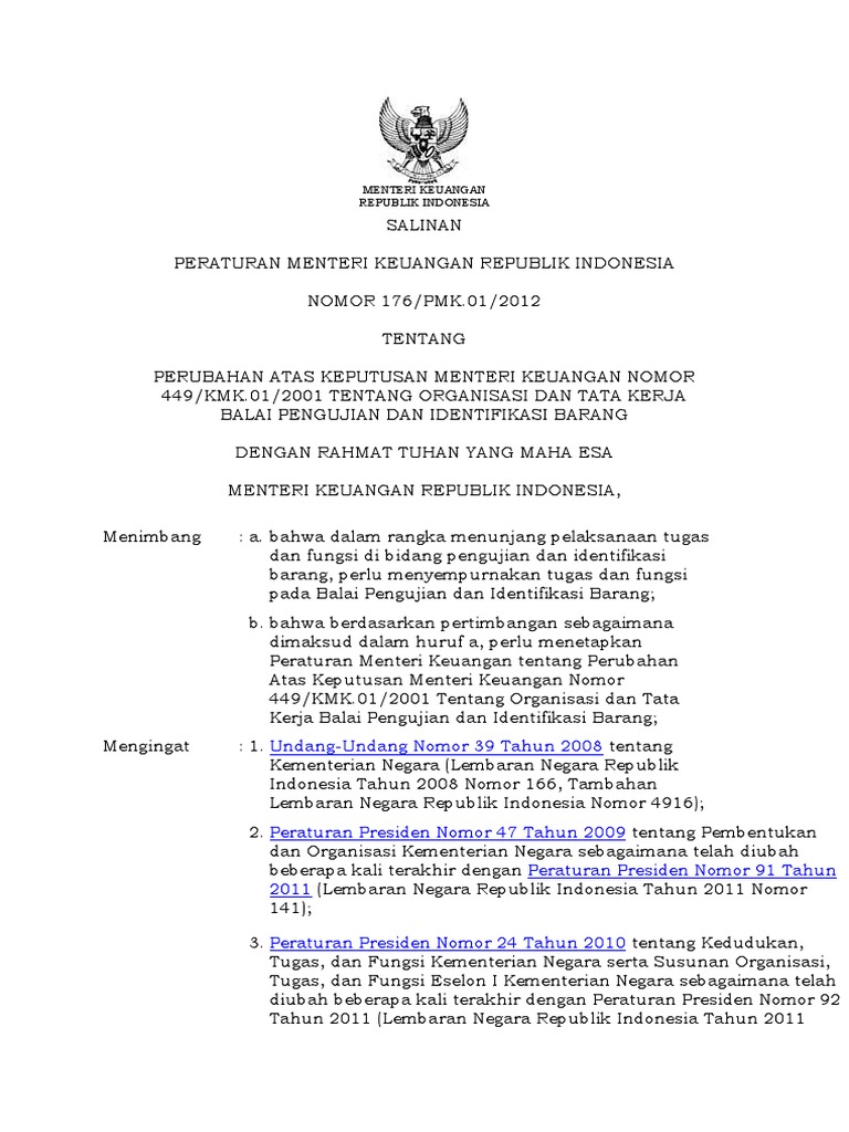 PMK 176-2012 TTG Perubahan KMK 449-2001 TTG Organisasi & Tata Kerja BPIB | PDF