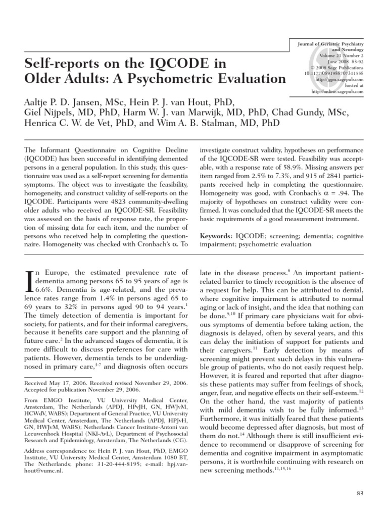 Self-reports on the IQCODE in | PDF | Dementia | Self Report Study