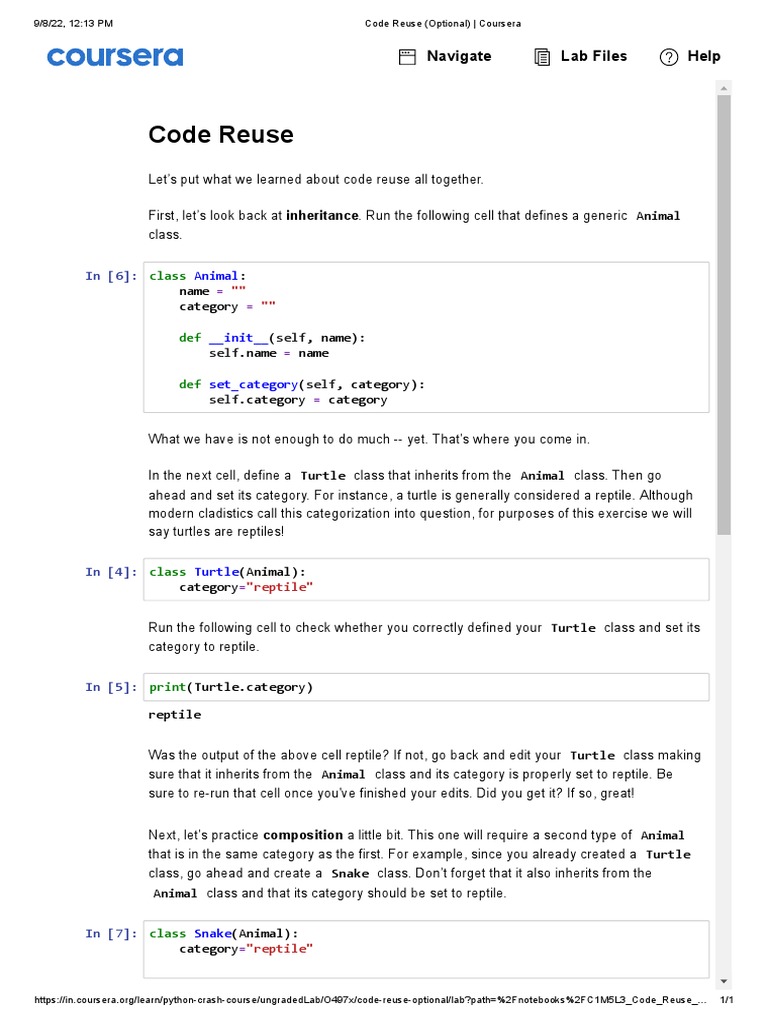 Code Reuse (Optional) - Coursera | PDF | Reptile | Computer Science