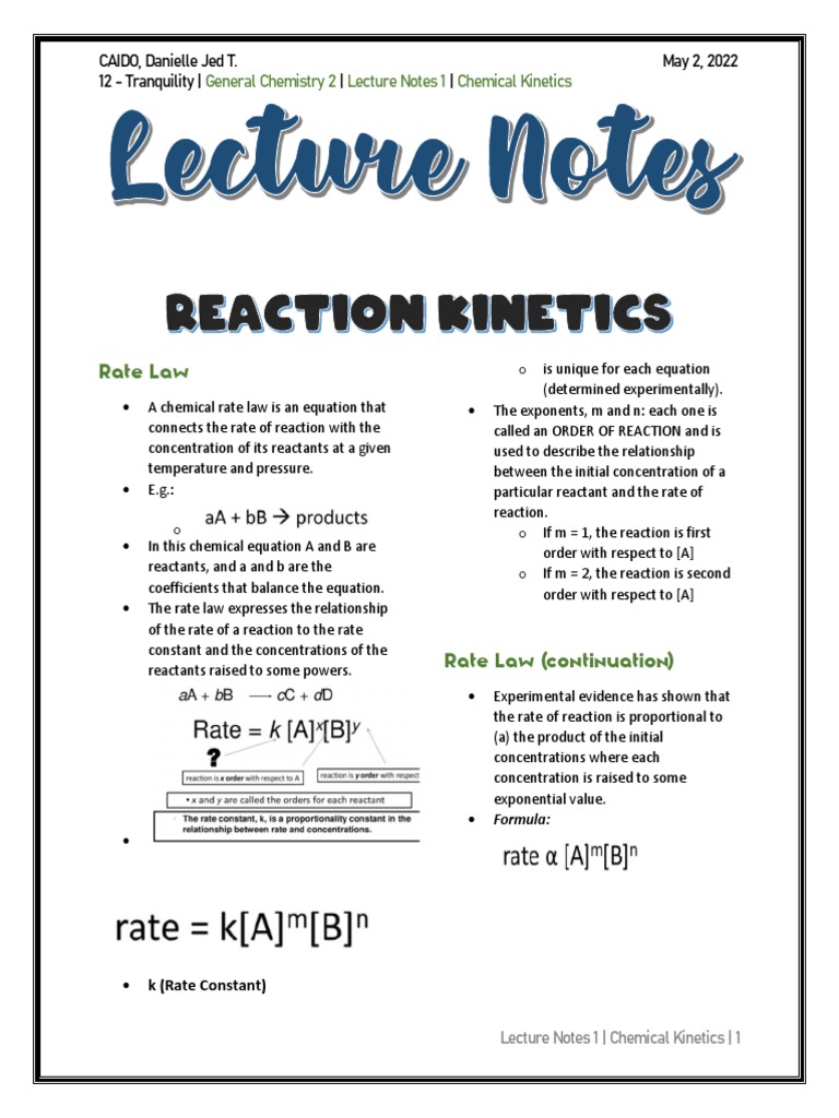 G. Chem. Lecture Notes 2 - Reaction Kinetics - Tranquility | PDF ...