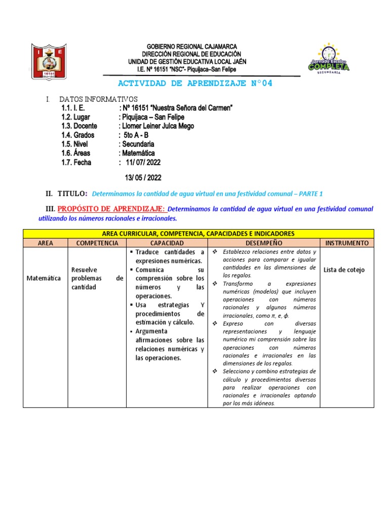 Exp. 03 Act. 04 Determinamos La Cantidad de Una Festividad | PDF | Número racional | Agua