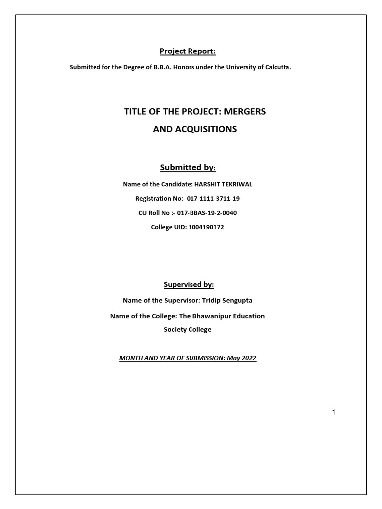 Research Project (Finance) - Merger and Acquisition | PDF | Mergers And ...