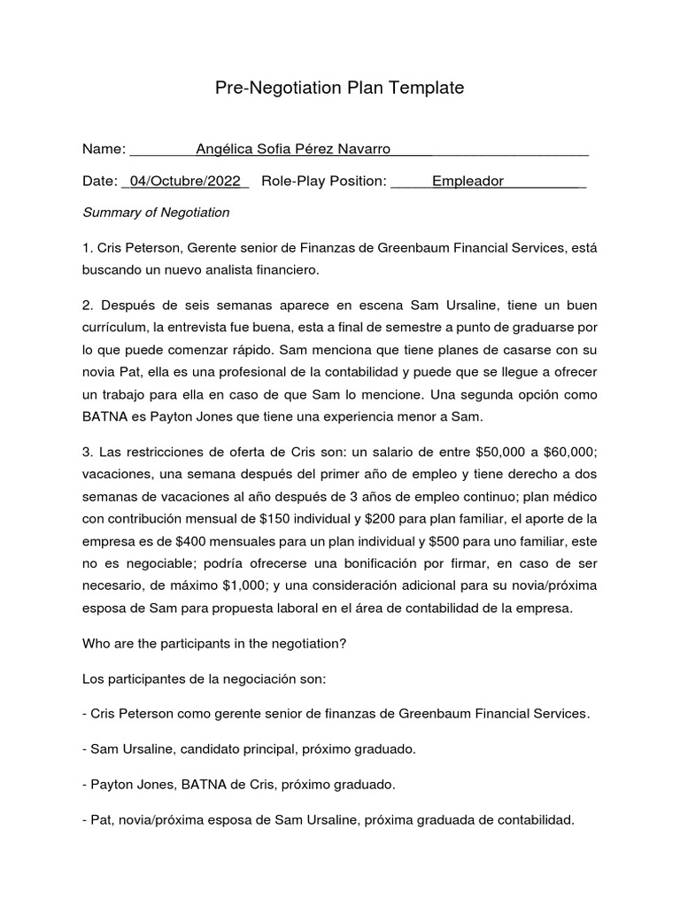 Pérez Navarro Angélica Sofia - Pre-Negotiation Plan Template | PDF