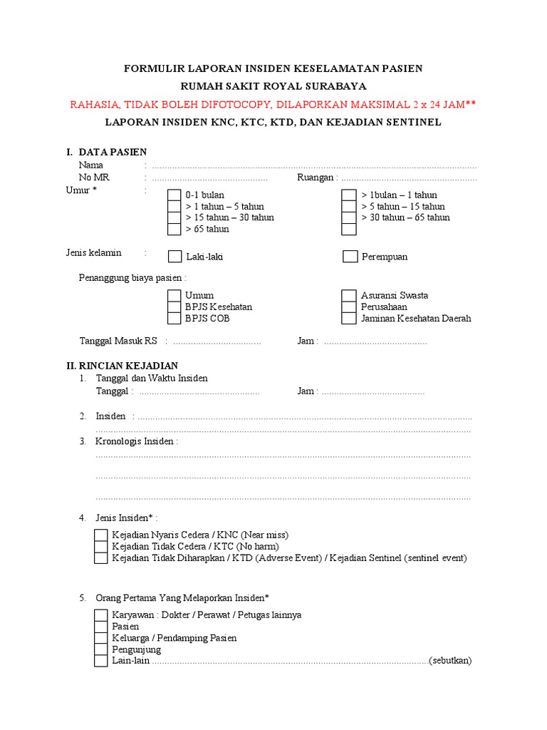 Form Laporan IKP RS Royal SBY | PDF | Pengelolaan Keuangan & Uang