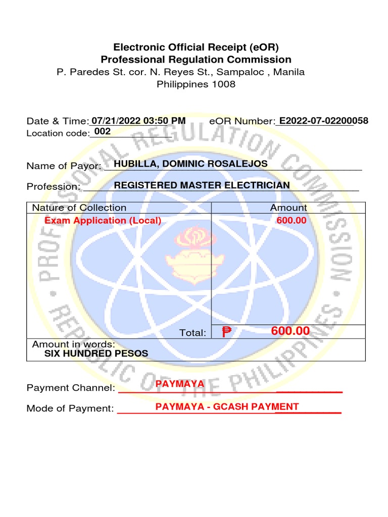 Electronic Official Receipt (eOR) Professional Regulation Commission ...