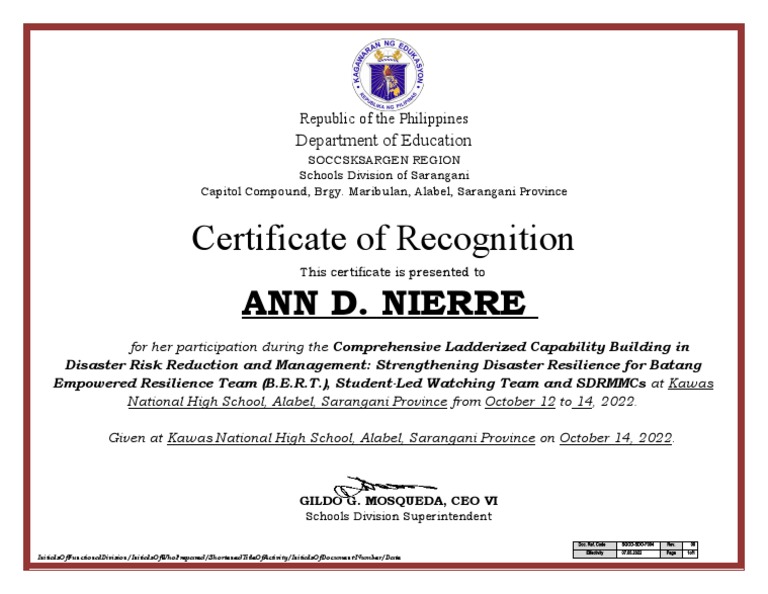 DepEdTemplate CertificateOfRecognition A4Size TEMP NO-Signature | PDF