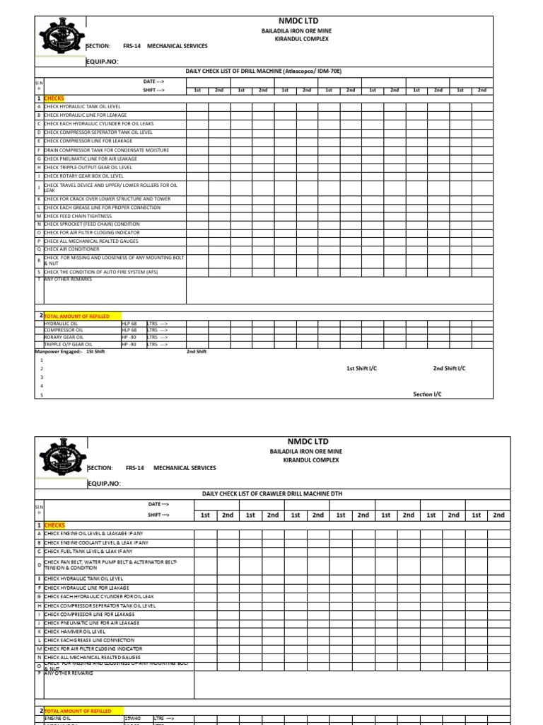 Drill Daily Check Sheet | PDF | Engines | Equipment