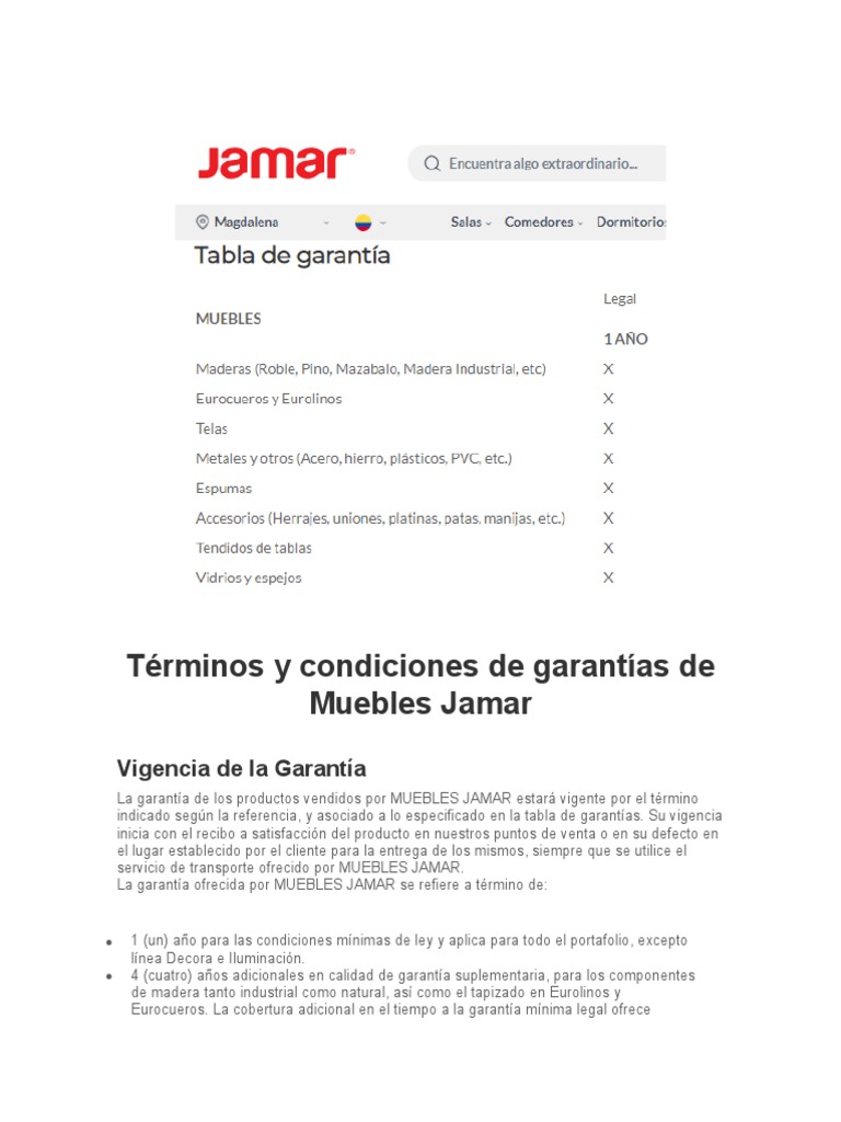 Términos y Condiciones de Garantías de Muebles Jamar | PDF | Transporte