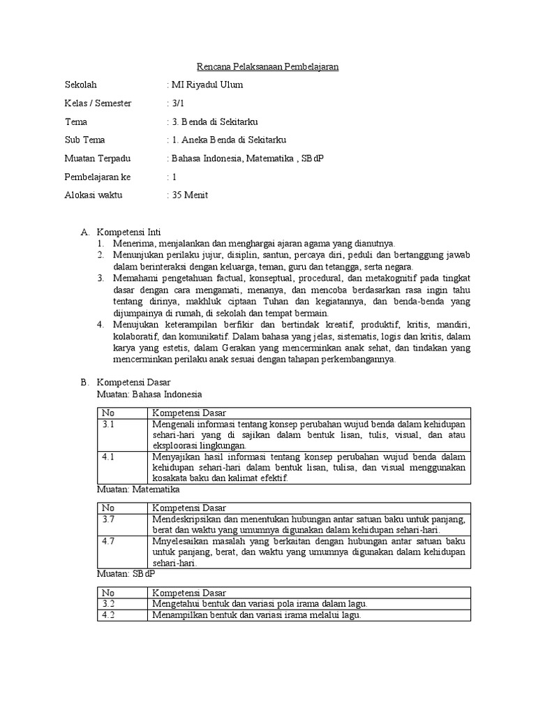 Contoh RPP MI/SD Kelas 3 Semester 1 | PDF