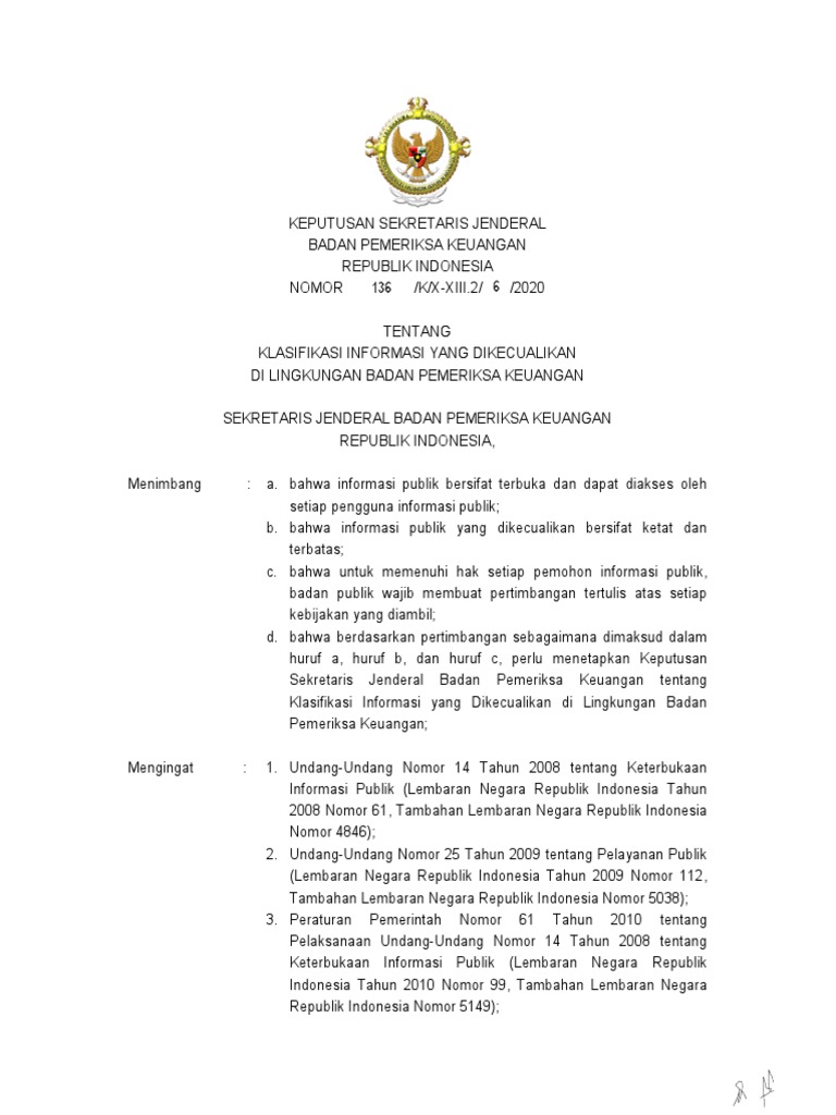 SK Sekjen 136 2020 Klasifikasi Informasi Dikecualikan | PDF