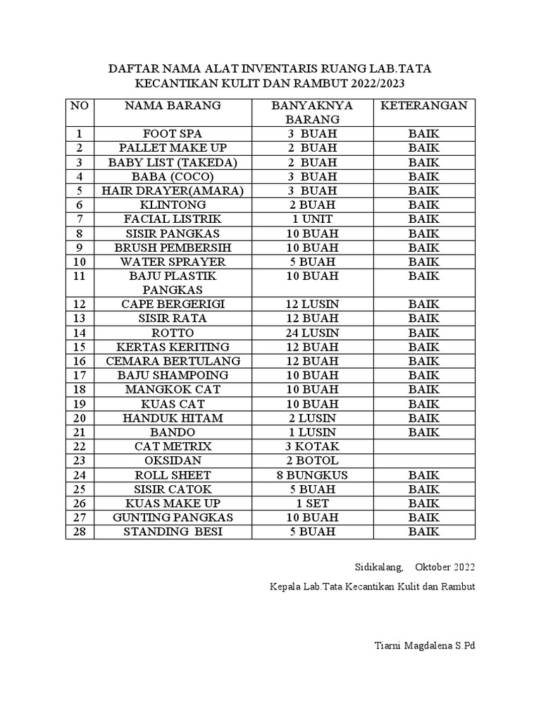 Daftar Nama Alat Inventaris Ruang Lab | PDF