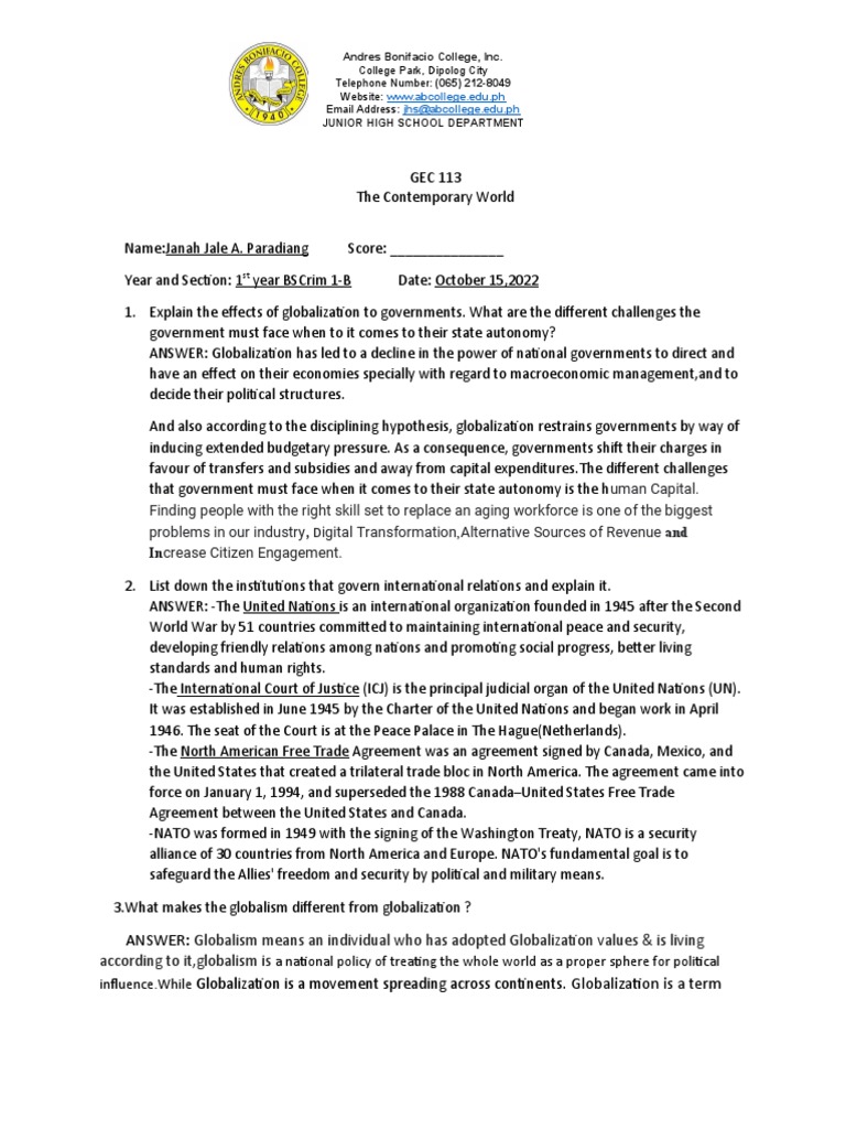 Global Interstate System Activity | PDF | Globalization | United Nations