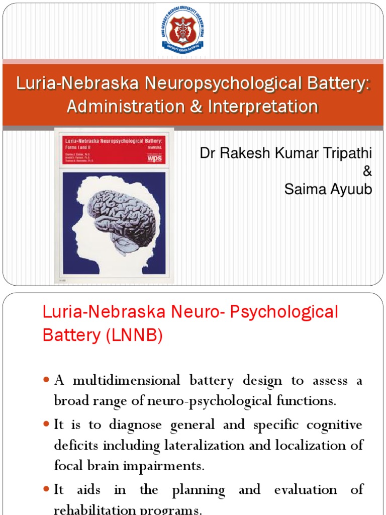 Luria Nebraska Neuropsychological Battery PPT For Amity RKT | PDF